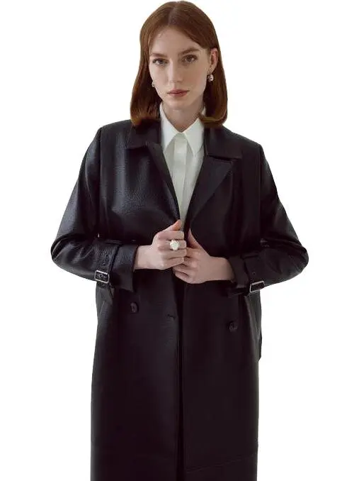 EXQUISE Belted Leather Trench Coat - Black