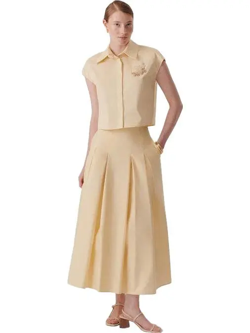 EXQUISE Hadley Pleated Cotton Midi Skirt - Yellow