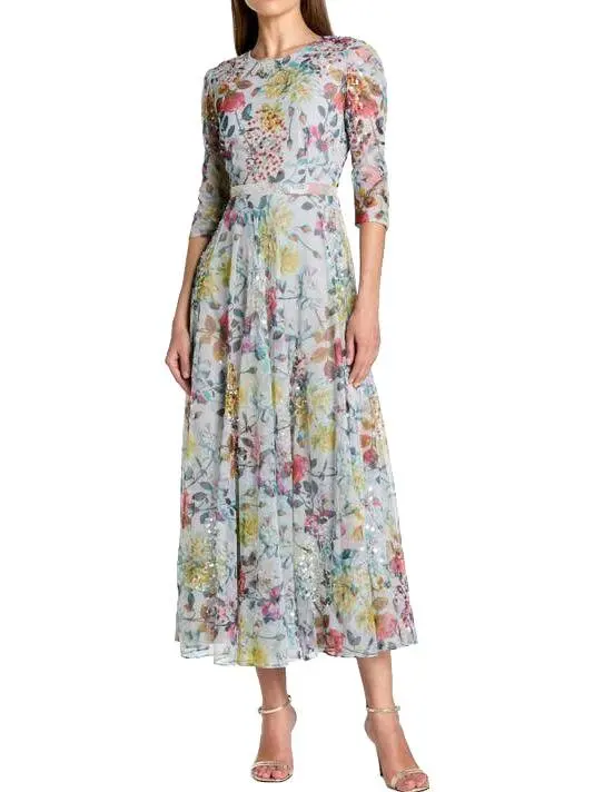 Mac Duggal Floral Print Mesh Midi Dress With Sequins And Beaded Waist - Burgundy