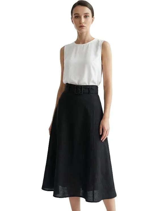 EXQUISE Skyler Midi Linen Skirt - Black