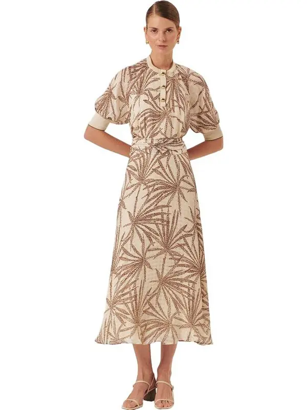 EXQUISE Drawstring Waist Midi Skirt With Leaf Print - Brown-beige