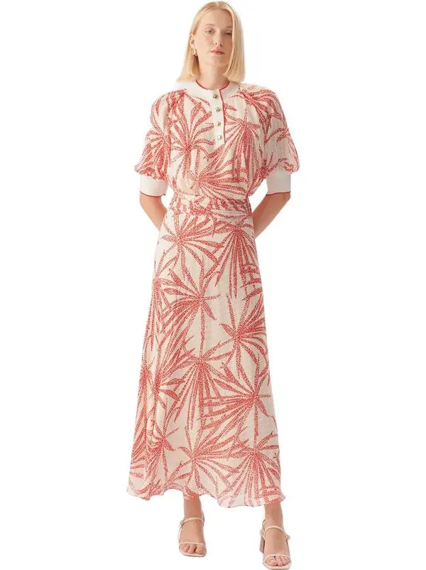 EXQUISE Drawstring Waist Midi Skirt With Leaf Print - Red
