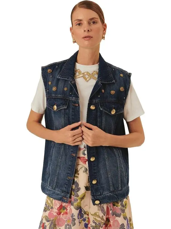 EXQUISE Serena Embellished Denim Vest - Indigo