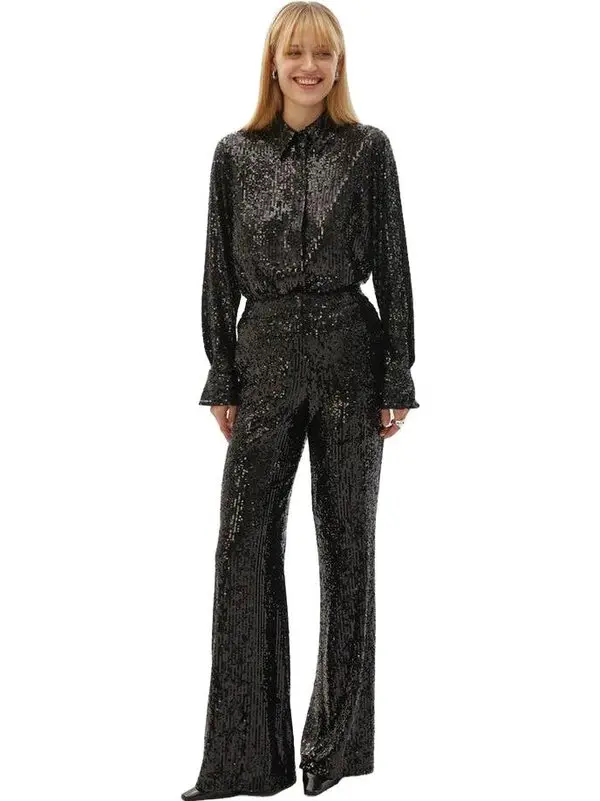 EXQUISE Sequin Embellished Lined Wide Leg Pants - Black