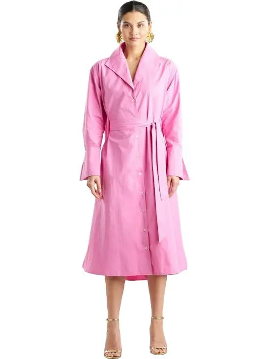 Natori Tech Cotton Taffeta Trapeze Dress With Tunnel Belt - Fresh Pink