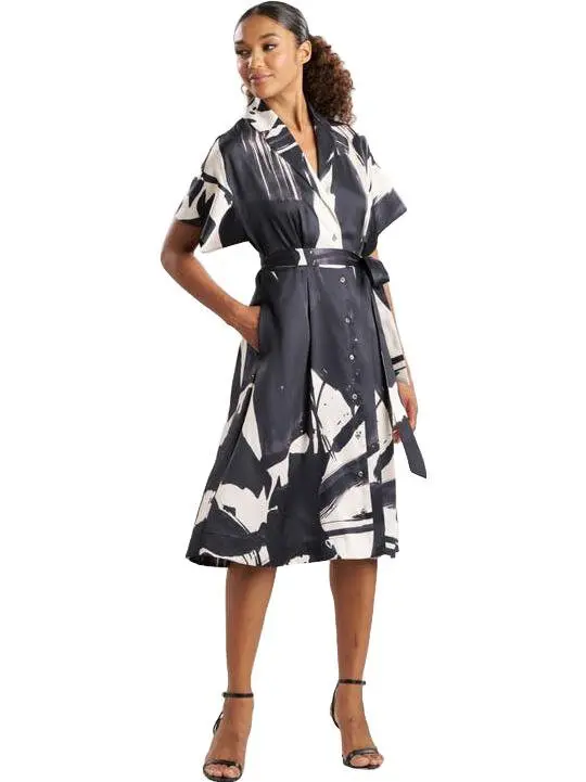 Natori Brushstroke Silky Twill Shirt Dress - Black