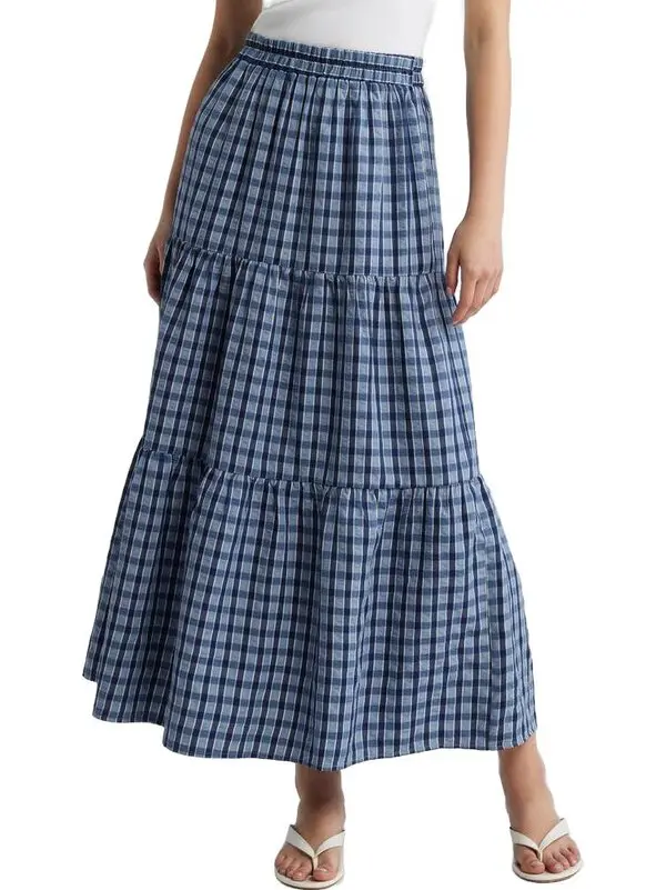Princess Polly Rockwell Check Tiered Midi Skirt - Navy Check
