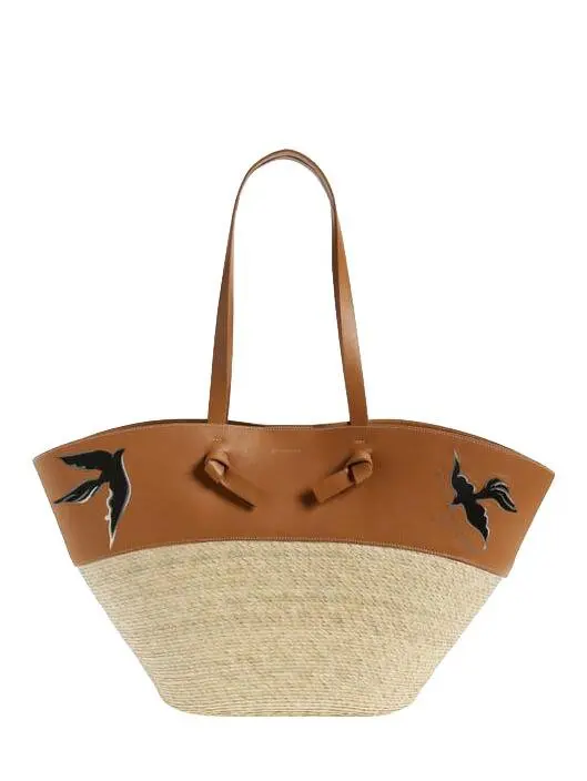 Altuzarra Large Leather & Straw Basket Tote With Embroidered Detail - Canyon Embroidered Bird