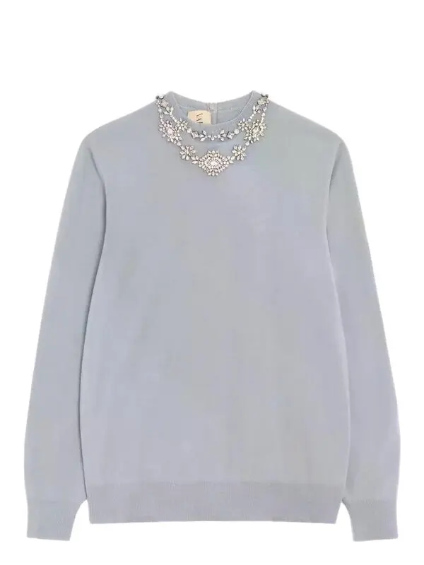 Valentino Garavani Embroidered Wool Sweater With Crystal-embellished Necklace Motif - Grey