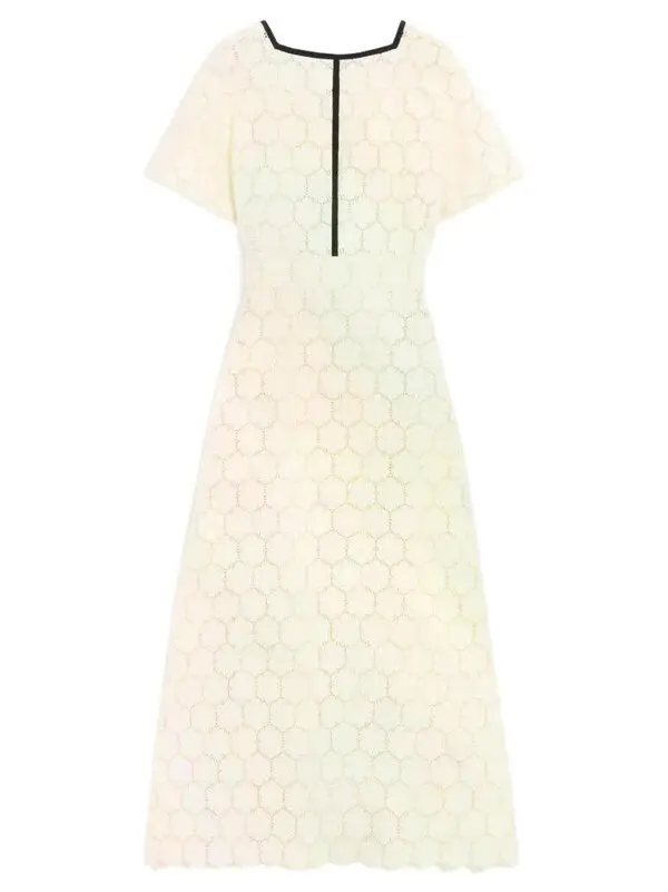 Valentino Garavani Midi Dress In Fleurs À Jours Cotton - Neutrals