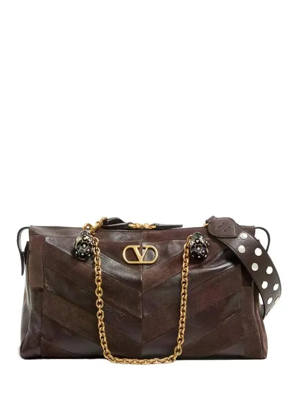 Valentino Garavani Nappa Leather Shoulder Bag With Chevron Pattern - Brown