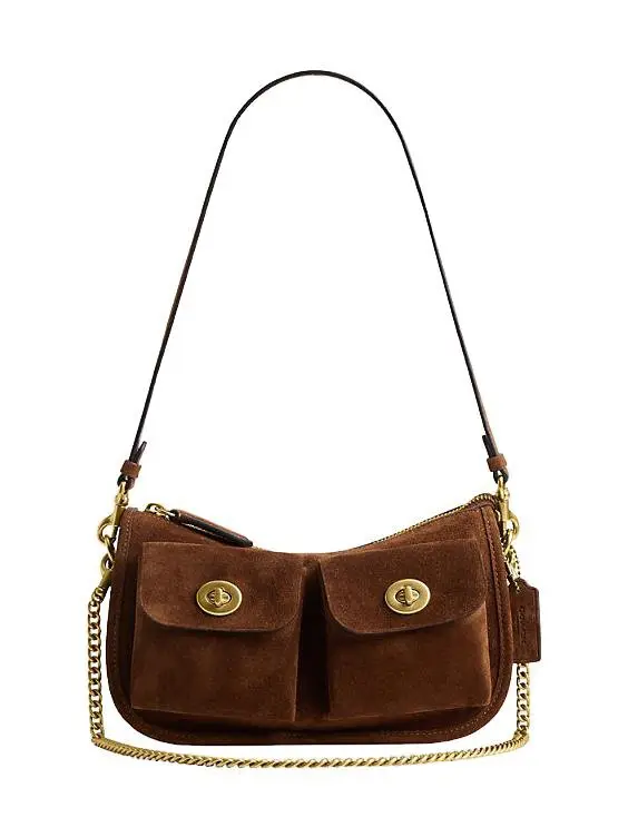 COACH Twin Turnlock Waverly Suede Shoulder Bag - Warm Brown