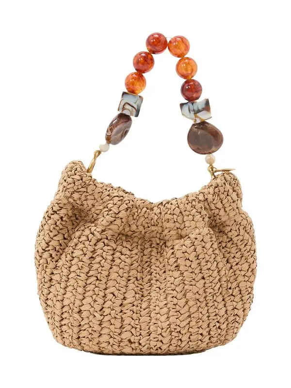 REISS Erin Woven Straw Top Handle Bag With Beaded Handle - Natural
