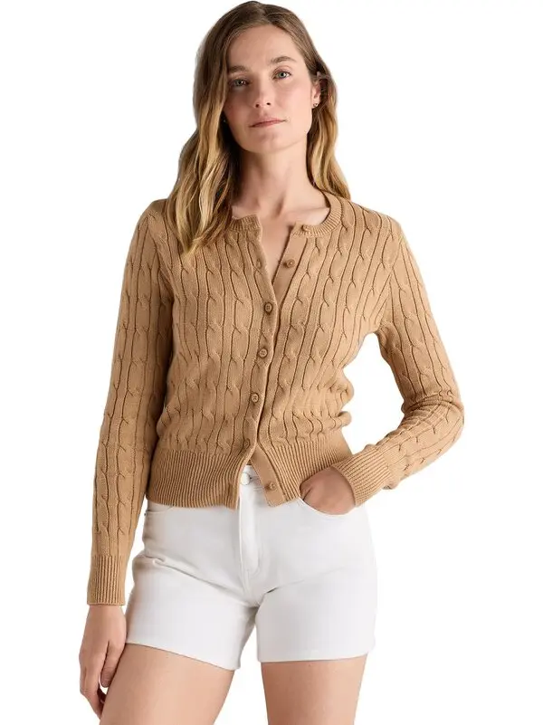 Quince Organic Cotton Cable Crew Cardigan Sweater - Camel