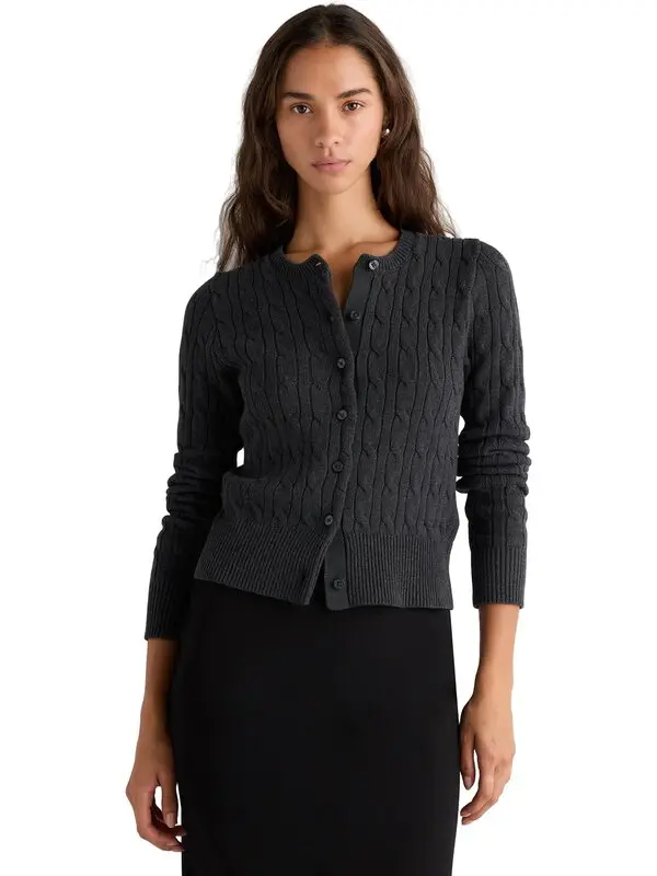 Quince Organic Cotton Cable Crew Cardigan Sweater - Charcoal