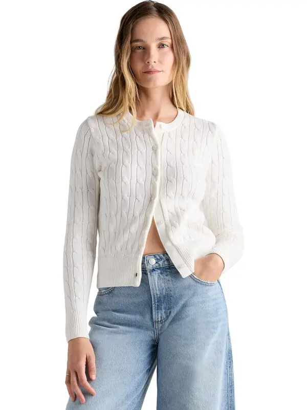 Quince Organic Cotton Cable Crew Cardigan Sweater - Ivory