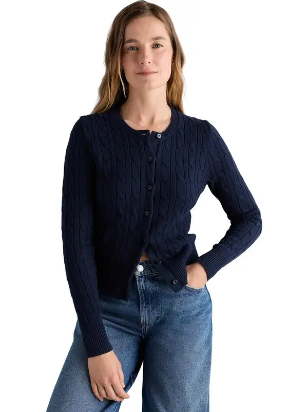 Quince Organic Cotton Cable Crew Cardigan Sweater - Navy
