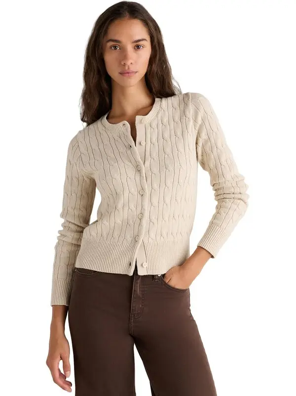 Quince Organic Cotton Cable Crew Cardigan Sweater - Speckled Beige