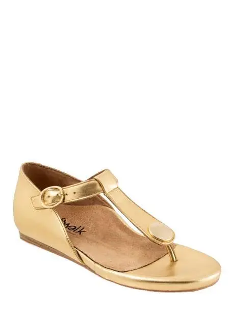 Softwalk Leather Ankle Strap Sandal With Hardware Accent - Gold