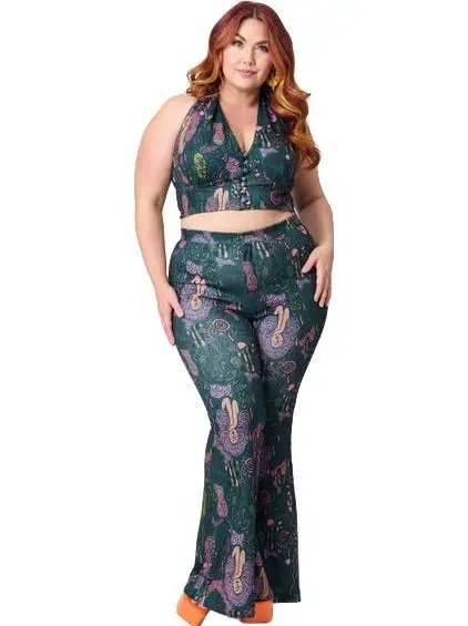 SMAK PARLOUR 1970s Print Flare Pants - Green Mannequin Print