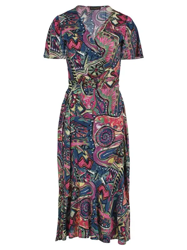 CONQUISTA Printed Ruffle Detail Wrap Midi Dress - Blue
