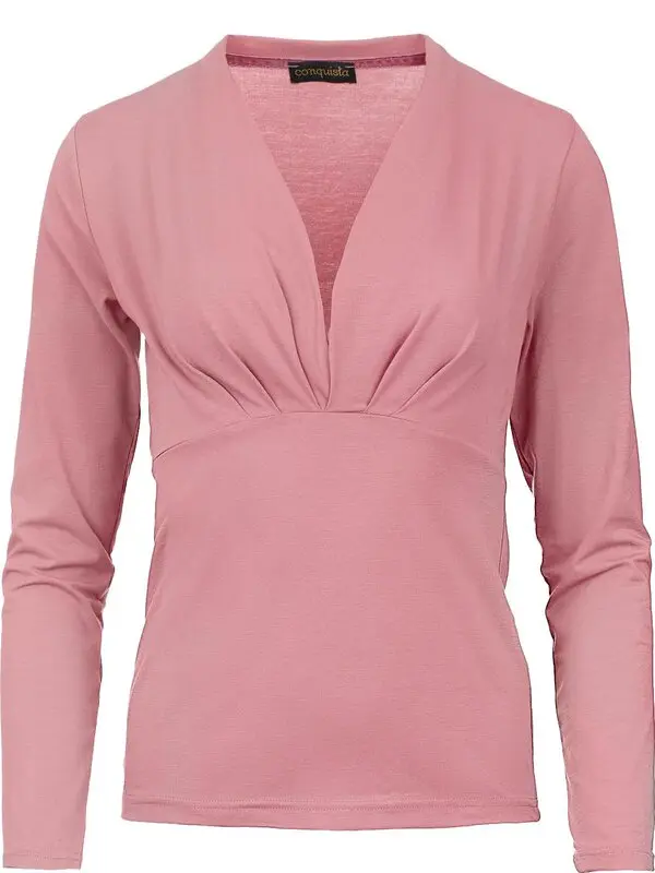 CONQUISTA Long Sleeve Faux Wrap Top In Stretch Jersey - Pink