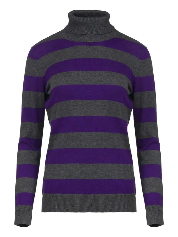 CONQUISTA Fitted Long Sleeve Striped Knit Polo Neck Jumper - Grey