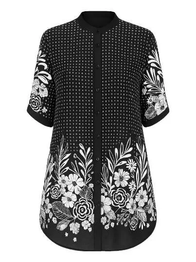 CONQUISTA Printed Cotton Poplin Shirt With Side Slits - Black