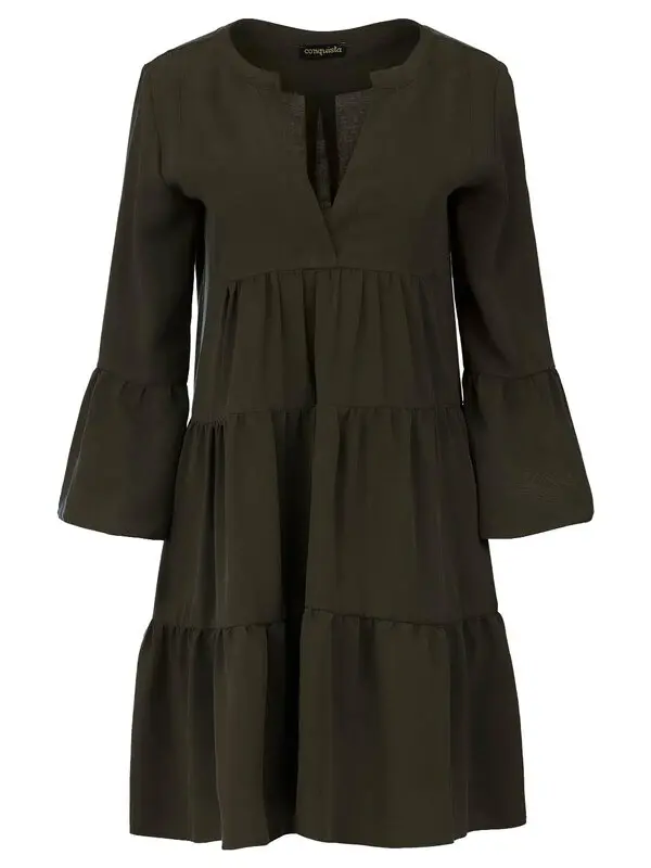 CONQUISTA Tencel Gathered Seams Dress With Bell Sleeves - Yellow