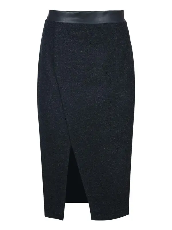 CONQUISTA Wool Blend Pencil Skirt With Faux Leather Waistband And Front Slit - Black