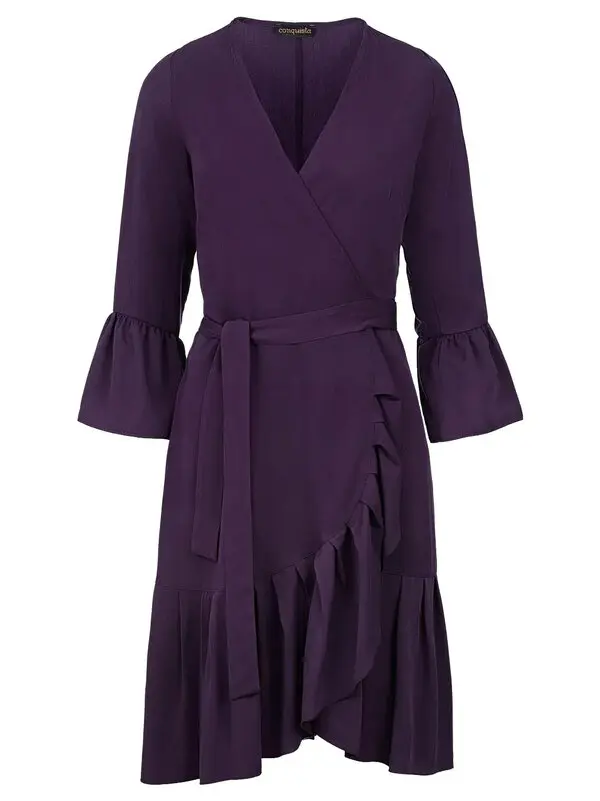 CONQUISTA Viscose Wrap Dress With Bell Sleeves And Ruffled Hem - Blue