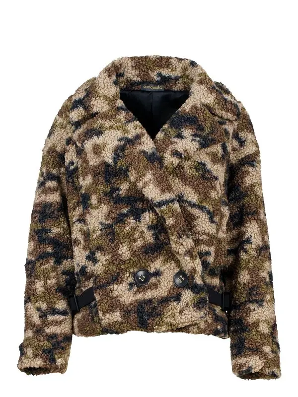 CONQUISTA Print Faux Fur Jacket - Black
