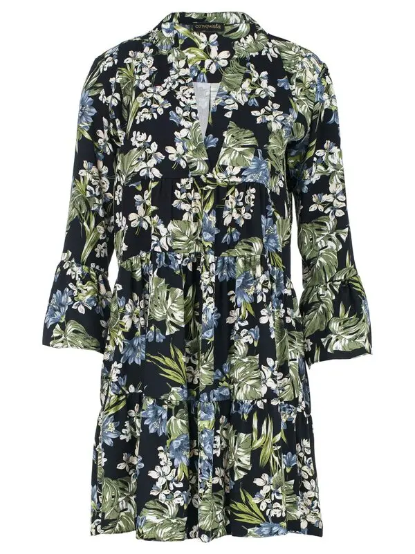 CONQUISTA Printed Bell Sleeve Dress - Black