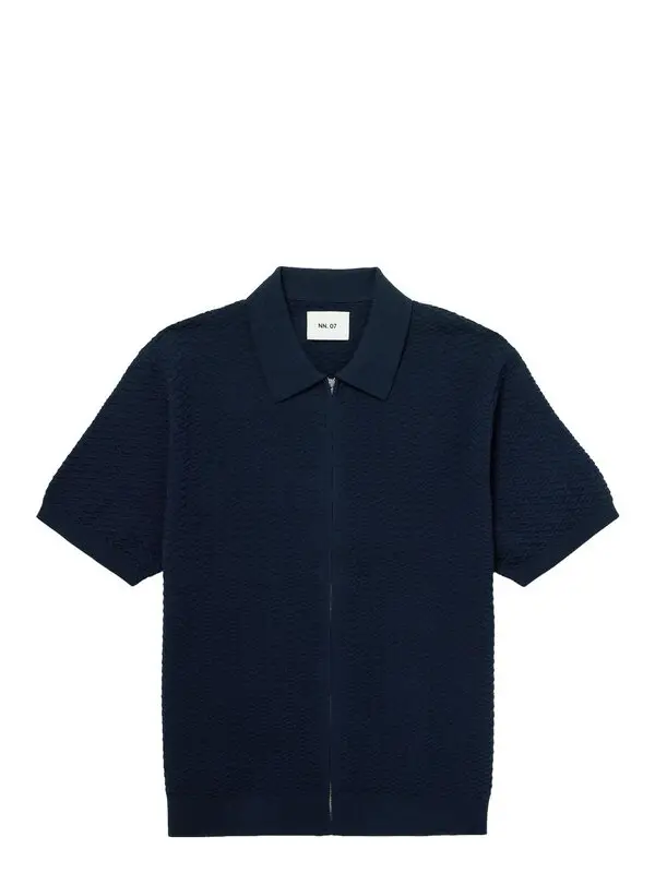 Nn07 Gustav 600160 Textured Organic Cotton Zip-up Polo Shirt - Blue