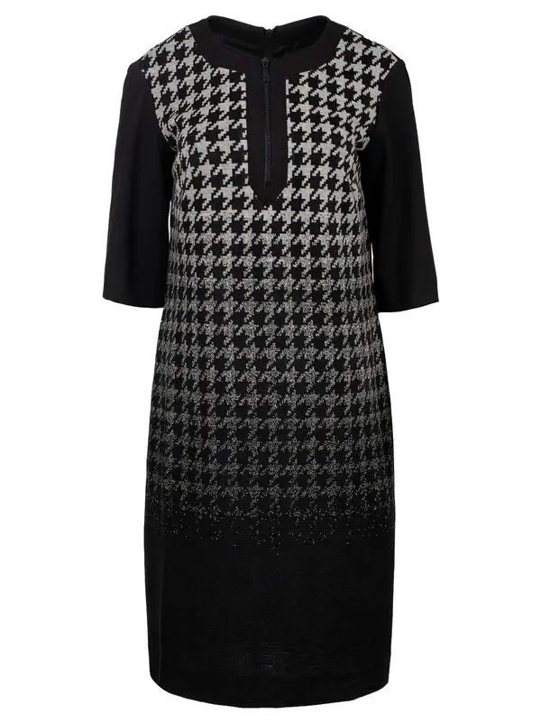 CONQUISTA Knit Jacquard Ombré Dogtooth Print Midi Dress - Black