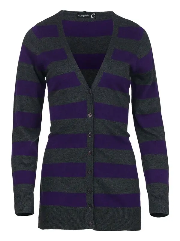 CONQUISTA Striped Wool Blend V-neck Cardigan - Grey