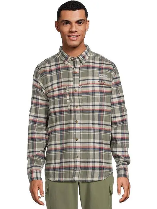 Columbia Wild Cast Flannel Shirt T Shirt Crushed Blue Backwater Tartan - Olive
