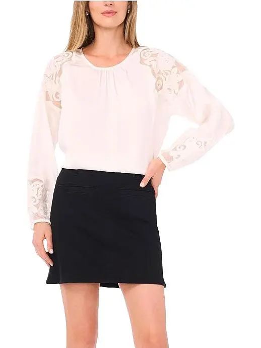 Vince Camuto Shirred Neck Long Sleeve Blouse With Lace Detail - Beige