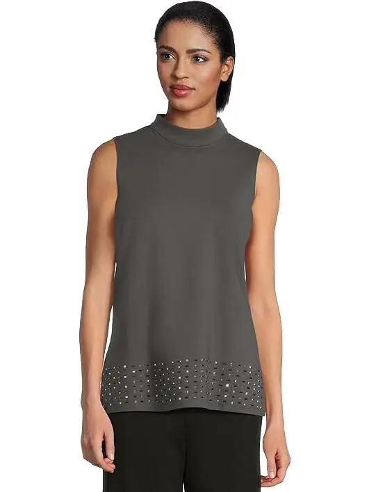 Vince Camuto Mock Neck Sleeveless Tunic With Embellished Hem - Gray