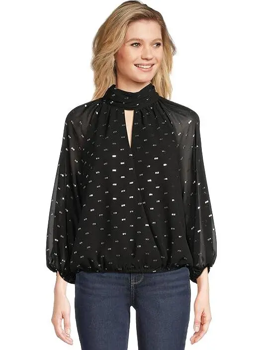 Vince Camuto Mock Neck Printed Long Sleeve Blouse - Black