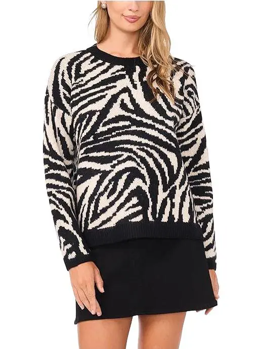 Vince Camuto Zebra Jacquard Crew Neck Sweater - Black