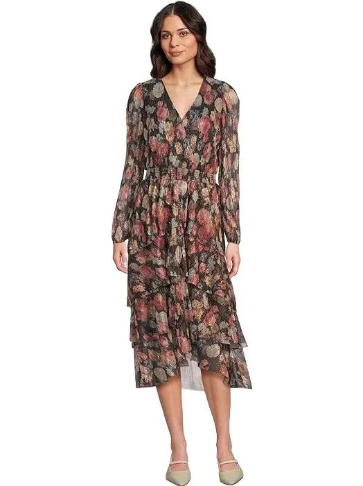 Vince Camuto Floral Metallic Ruffle Midi Dress - Black