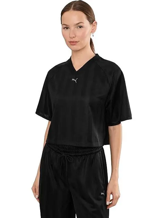 PUMA League Jersey Cropped Top With V-neckline And Allover Print Mesh Inserts - Black
