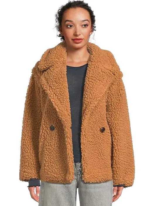 UGG Short Teddy Coat With Faux Horn Buttons - Brown
