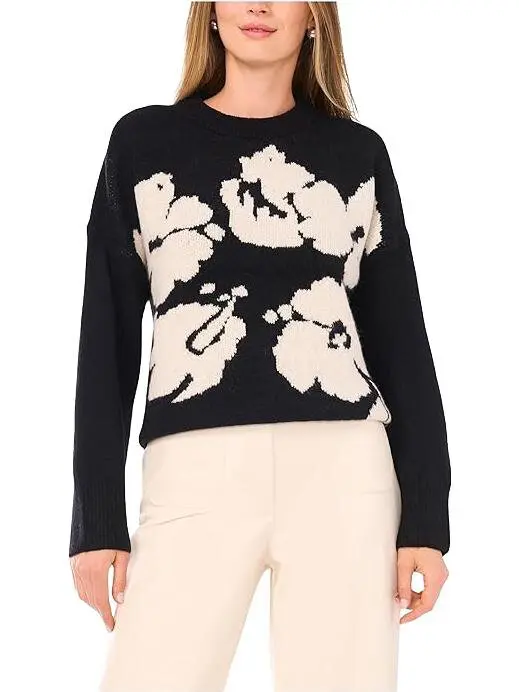 Vince Camuto Flower Motif Crew Neck Pullover - Black