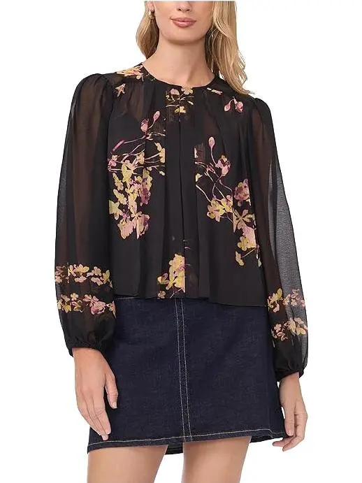Vince Camuto Round Neck Floral Print Long Sleeve Top - Black