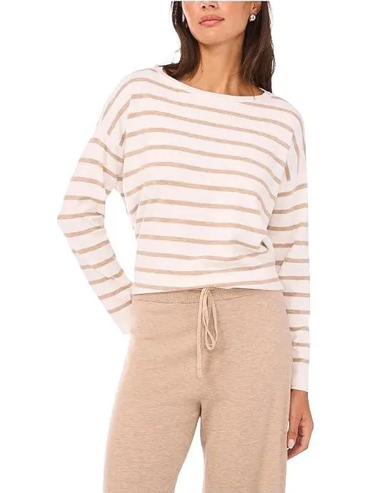 Vince Camuto Stripe Long Sleeve Top With Rolled Edge - White