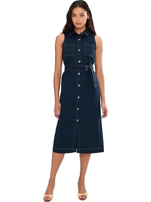 Vince Camuto Sleeveless Collared Belted Shirt Dress - Navy