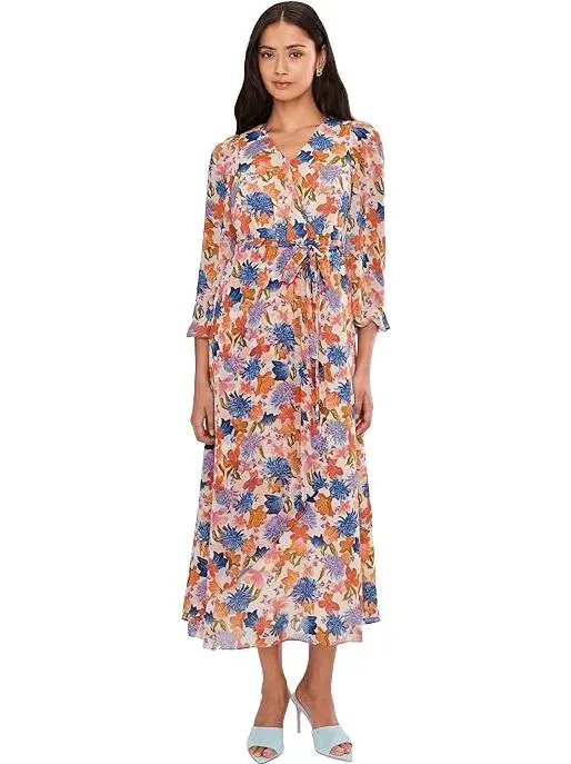 Vince Camuto Wrap Front Bubble Sleeve Maxi Dress With Floral Print - White