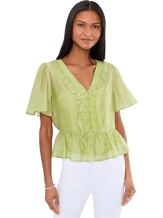Vince Camuto V-neck Double Ruffle Buttondown Peplum Top With Flutter Sleeves - Green